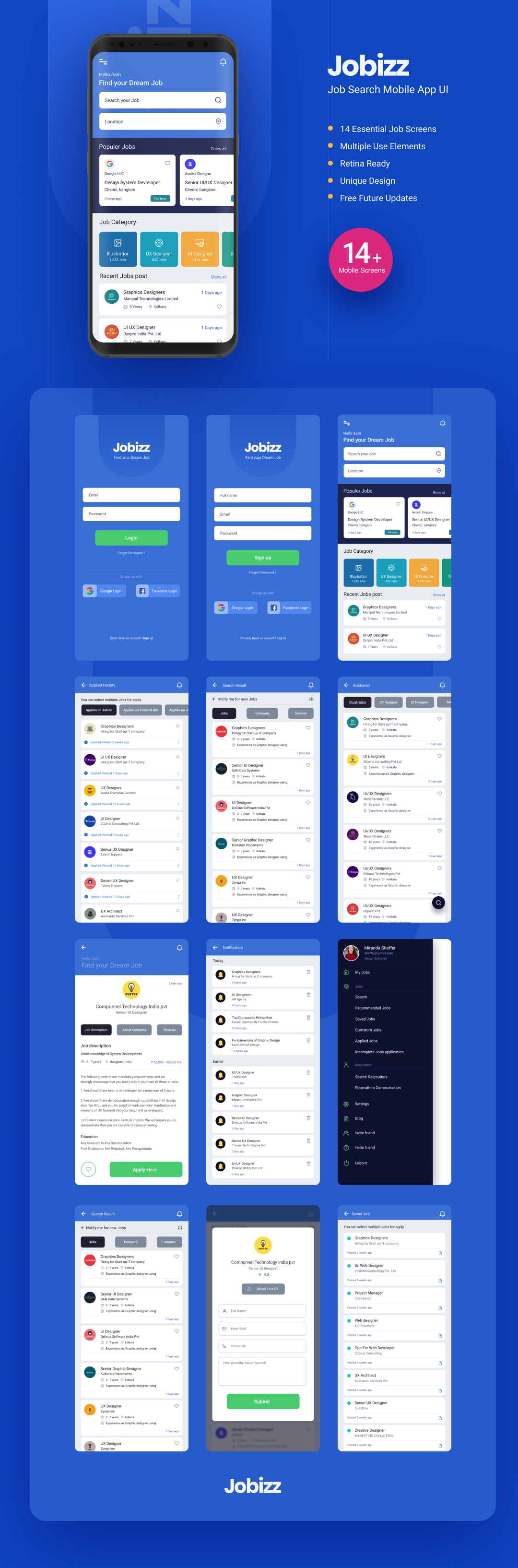 Jobizz Mobile App and Landing Page | An Online Job Search Figma Template by WordPress-Studio